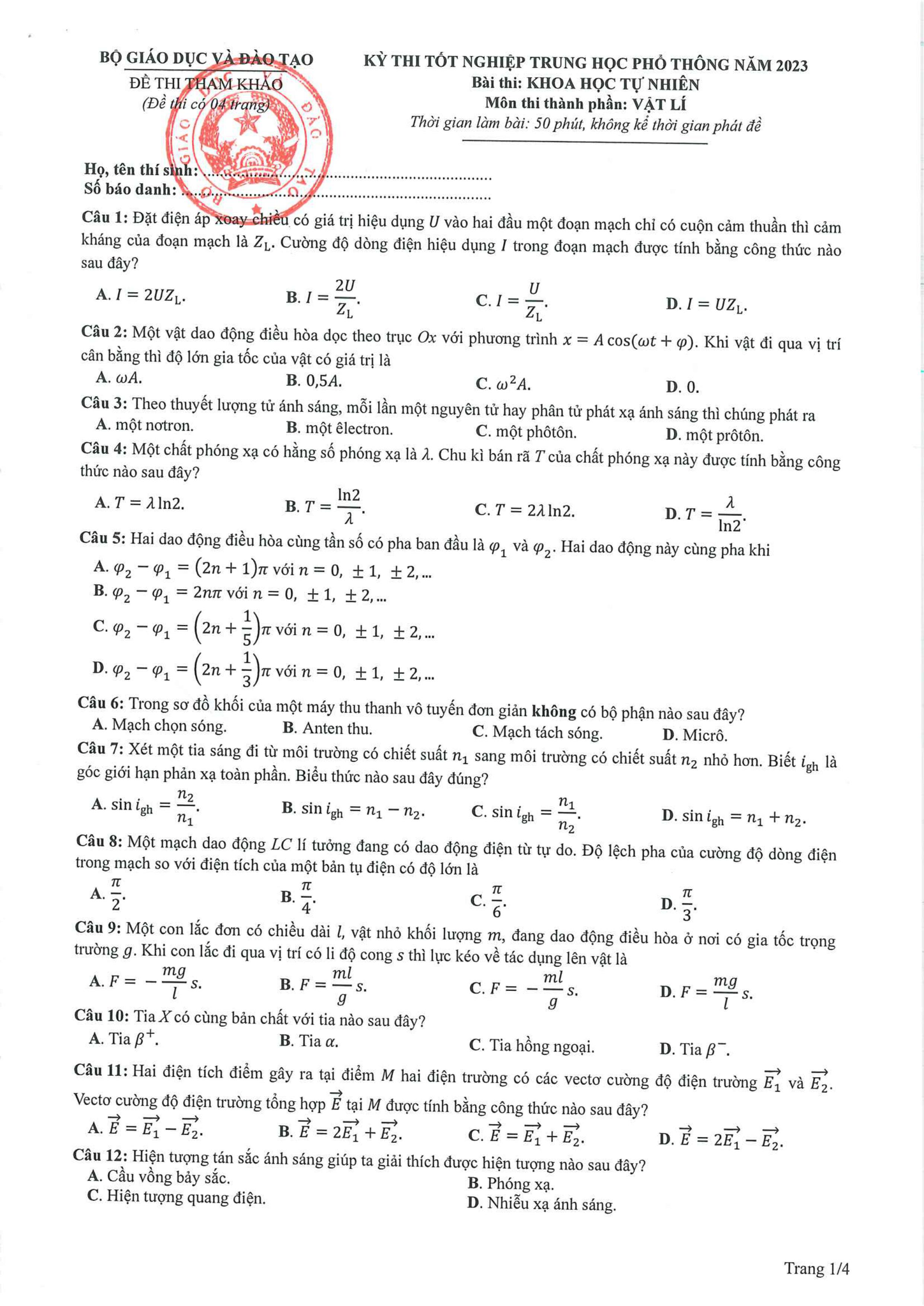 Đề Minh Hoạ Và Đáp Án Môn Vật Lí THPT Quốc Gia 2023
